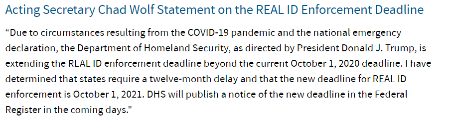 Real ID Deadline Extended to 2021!!